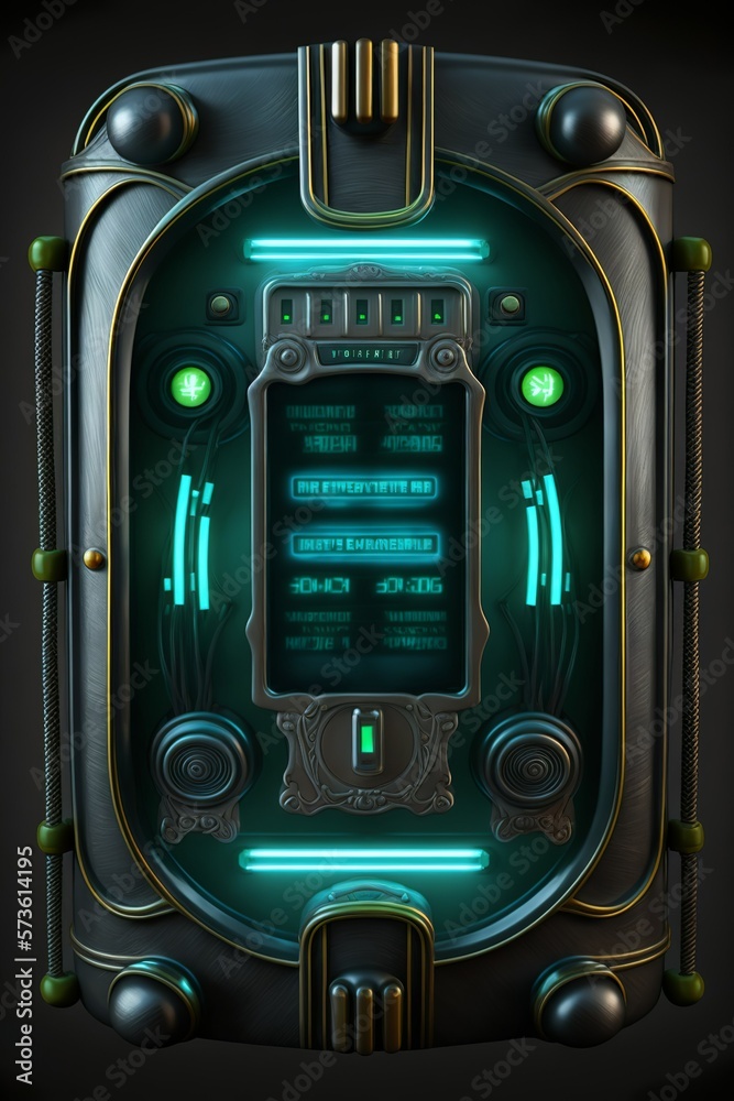 Dark sci-fi mechanical futuristic terminal monitor screen frame with led and neon glows ...