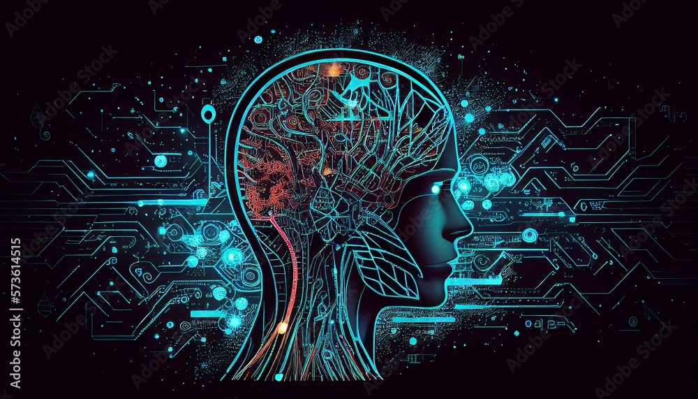 A cyber head made up of elaborate drawings that depict AI technology ...