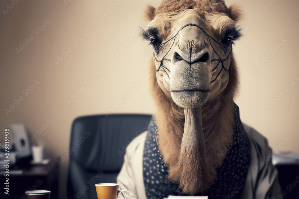 Camel in a business suit in the office. Psychological type of office ...