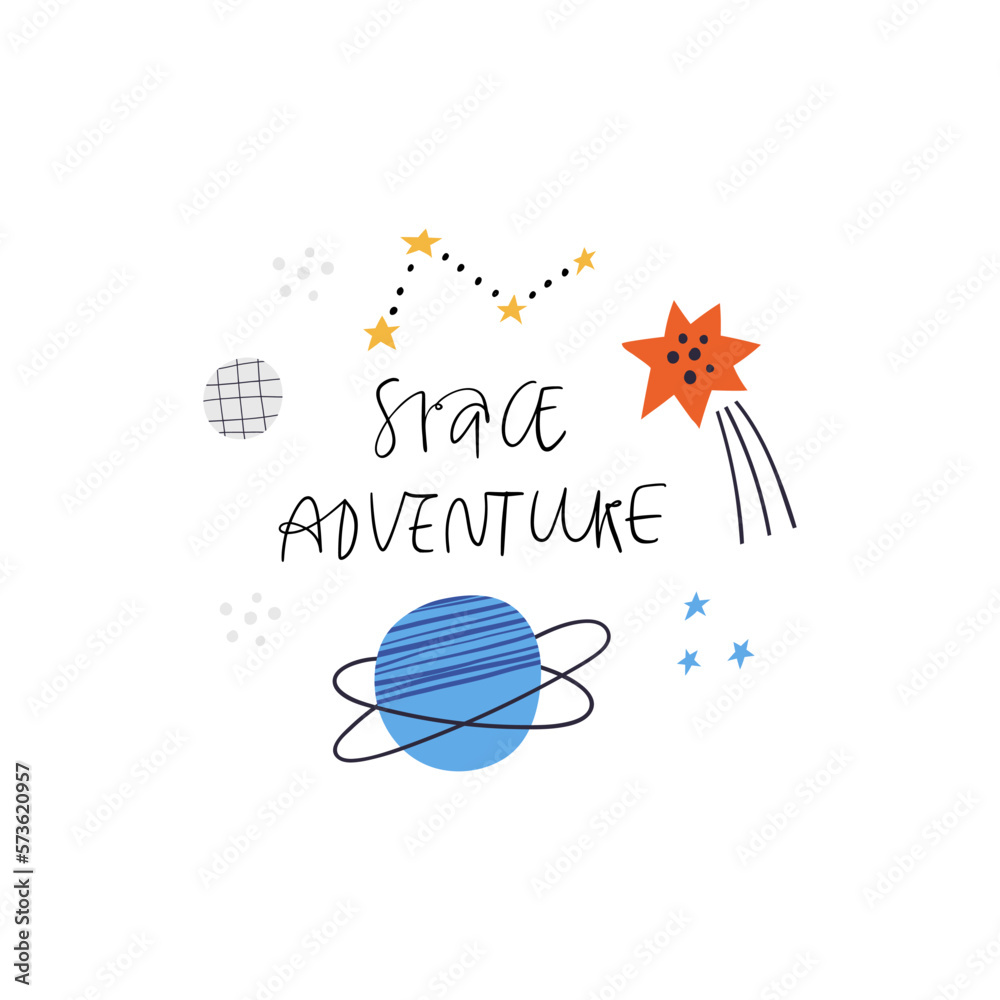 Space Adventure hand drawn vector lettering quote on white background ...