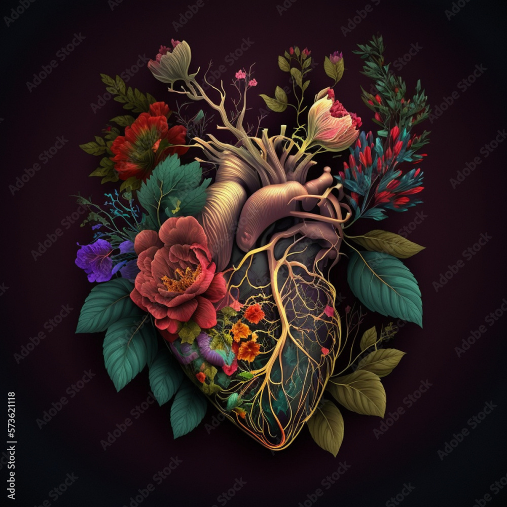 Human heart with flowers, heart and flower concept, realistically ...