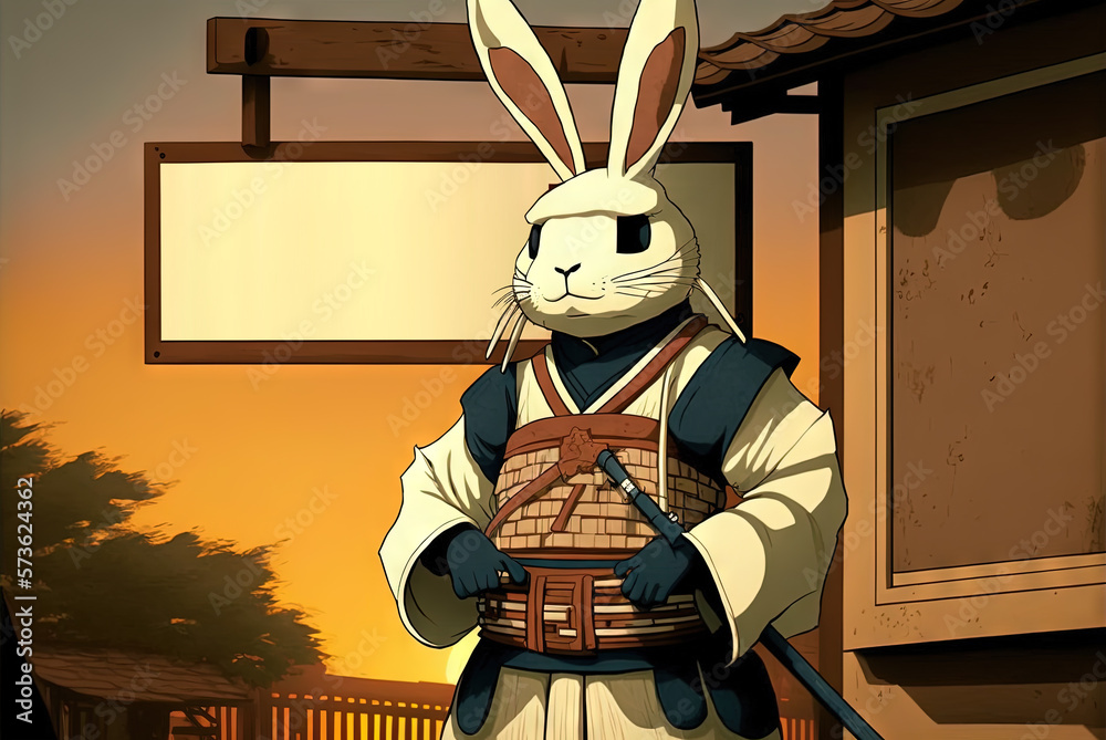 Rabbit samurai in traditional drawing style. Japanese styled art with ...