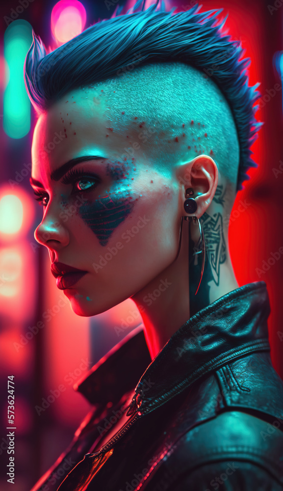 Portrait of a beautiful futuristic punk girl. Queen of rebellion and ...