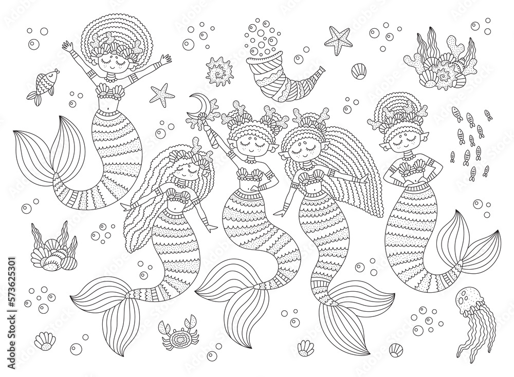 Set of different mermaids. Cute little afro girl. Beautiful sea ...