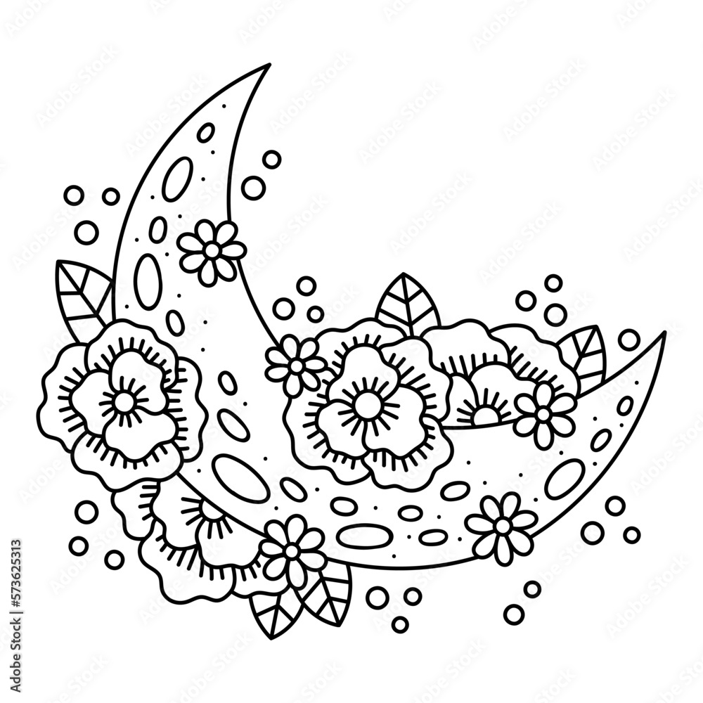Crescent moon with flowers. Beautiful summer nature. Cute floral ...