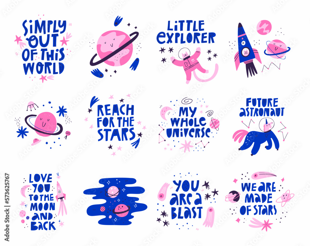 Space quotes and animals characters, stars, planets, rockets Stock ...