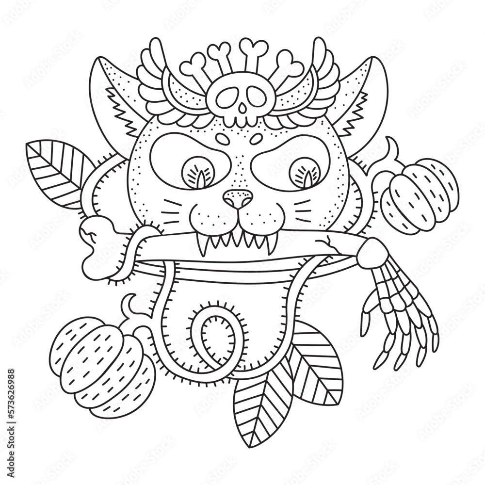 Evil demon cat with skeleton arm. Halloween monster with pumpkin ...