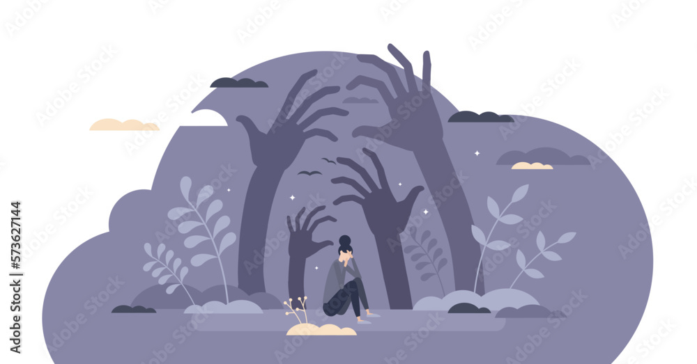 Fear emotions and panic attach with negative thoughts tiny person ...