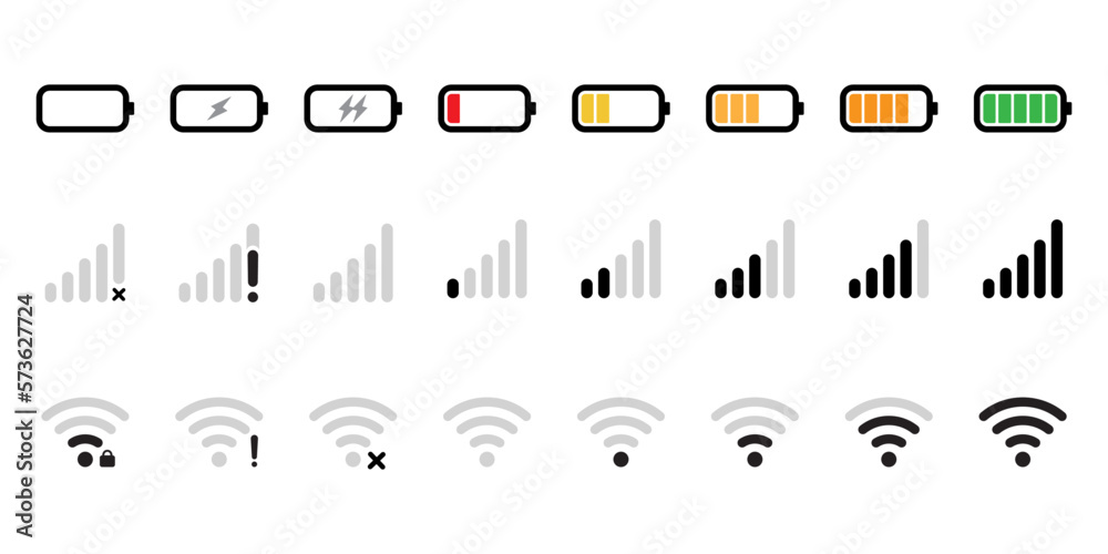 Battery signal and Wi-Fi icon symbol black and white icons pack. Mobile phone signal, wi-fi ...