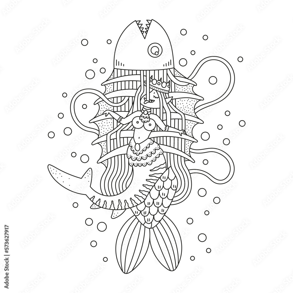 Little mermaid princess and big fish. Underwater vampire. Mysterious ...