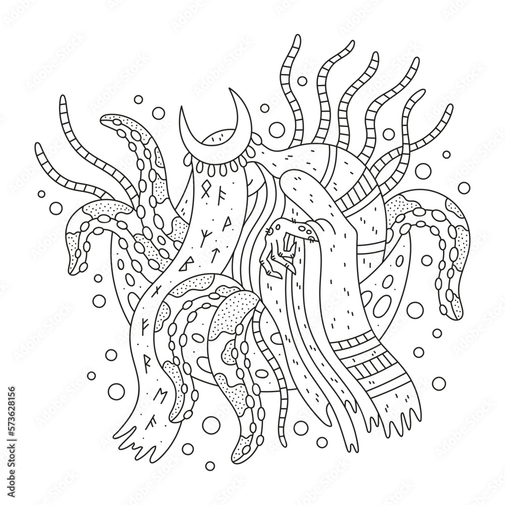 Evil scandinavian sea witch. Mysterious underwater mermaid. Octopus ...
