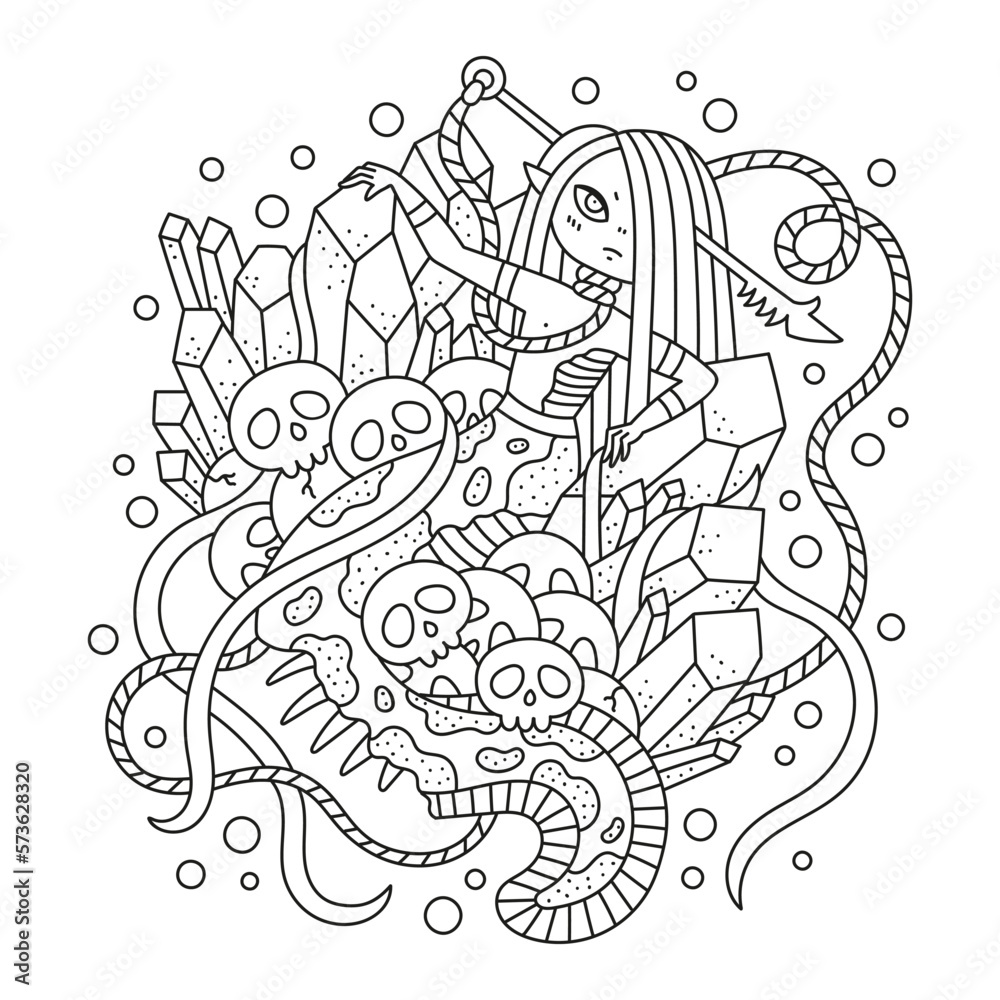 Scary zombie mermaid with harpoon in head. Decorated with skulls and ...