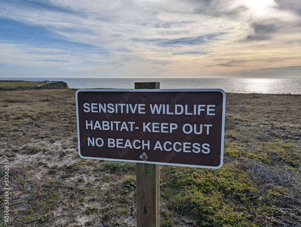 sensitive wildlife habitat sign board at Half Moon Bay hiking trail, no ...