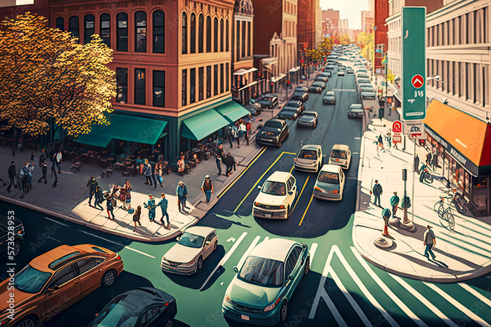 city street intersection with cars and pedestrians walking on sidewalks ...