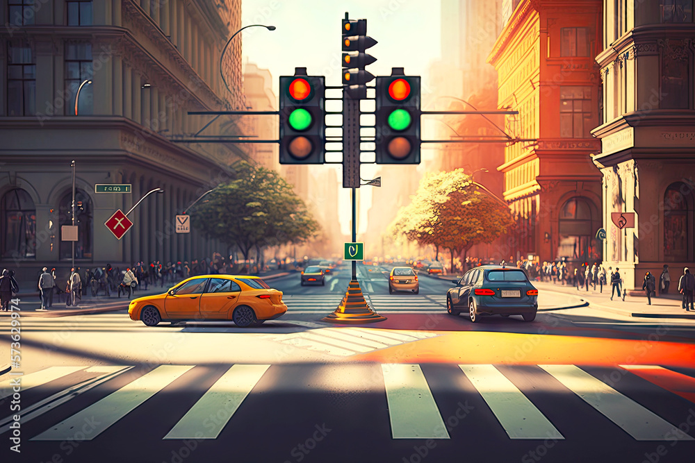 city street intersection with traffic lights on pedestrian crossing ...