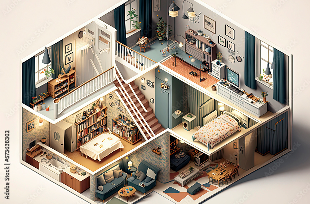 Generative AI illustration of Cutaway house isometric. Housing ...