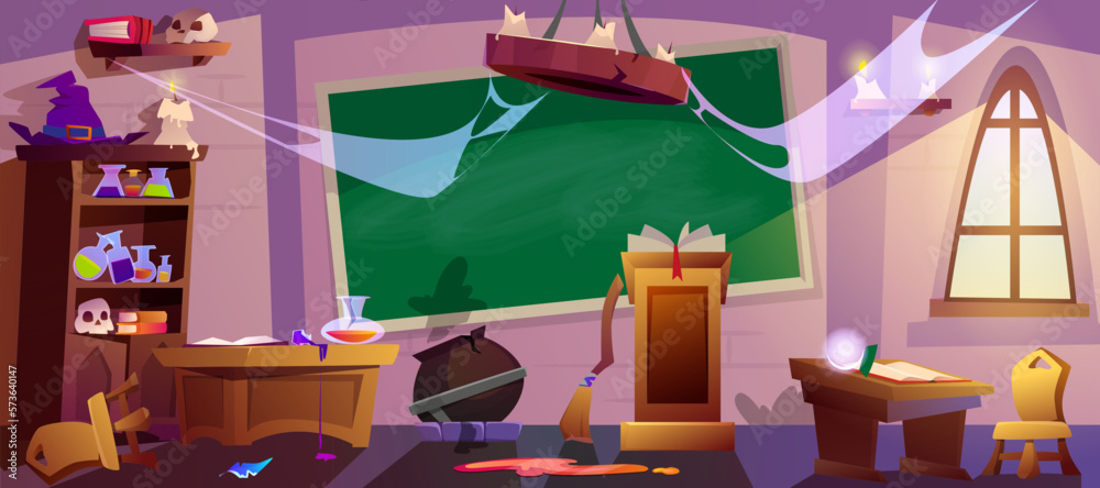 Cartoon abandoned magic school classroom with broken furniture, spider ...