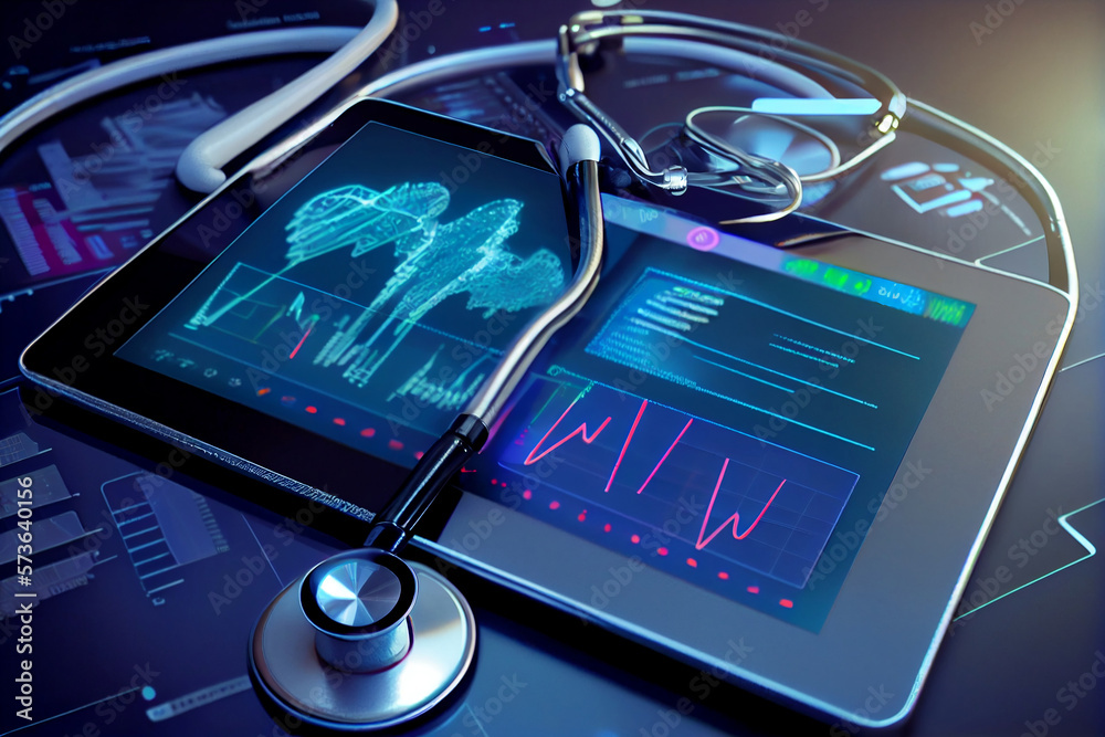 Close up of a stethoscope and digital tablet with virtual electronic ...