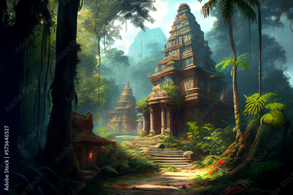 Maya civilization illustration depicting ancient ruins, pyramids, and ...