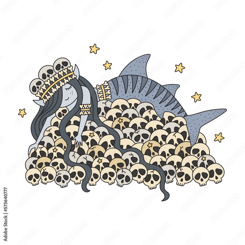 Cute shark mermaid. Little underwater princess wearing crown made with ...