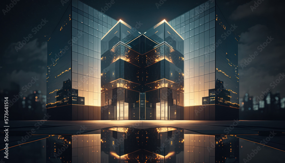 Skyscrapers at night, dark building facade, city lights reflection on ...