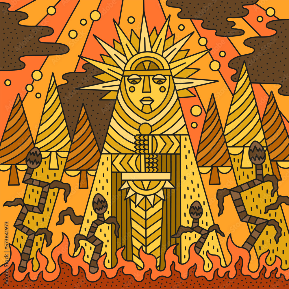 Godess of sun art. Army of fire knights. Women queen wearing crown with ...