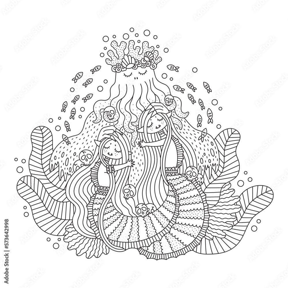 Little mermaids with sea god. King of ocean with crown made from shell ...