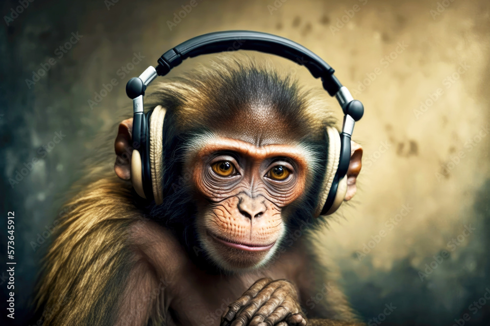 animal funny monkey with headphones staring at camera, generative ai ...