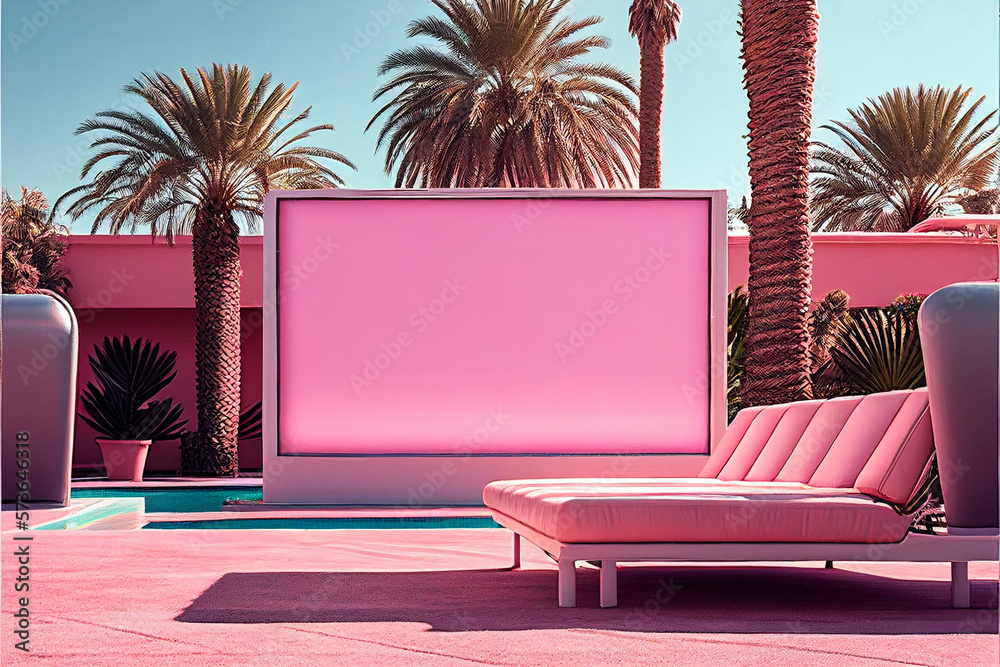 pink sunbed near swimming pool on luxury resort. 80s pop style Stock ...