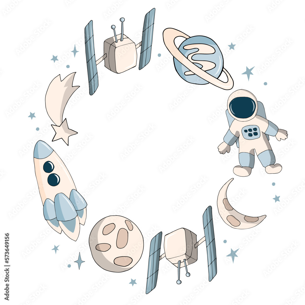 Space frame of astronaut, rocket, satellite, planet, moon and stars on ...
