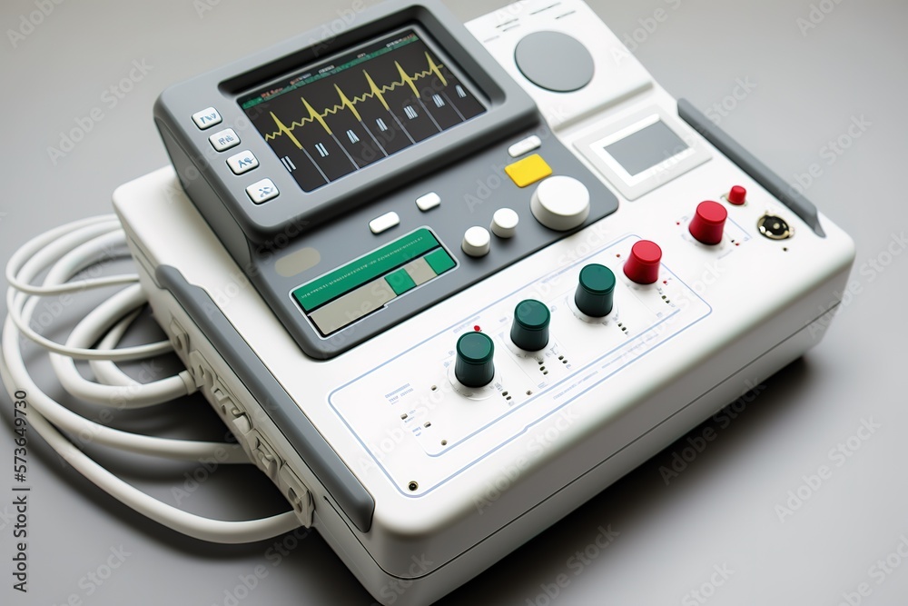 Closeup view of ECG machine display and print out trip chart indicating ...