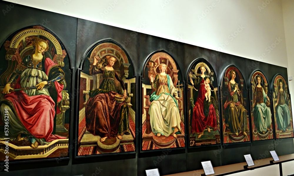 Italy, Florence February 2023 painting "The Seven Virtues" by Piero Del Pollaiolo exhibited in ...