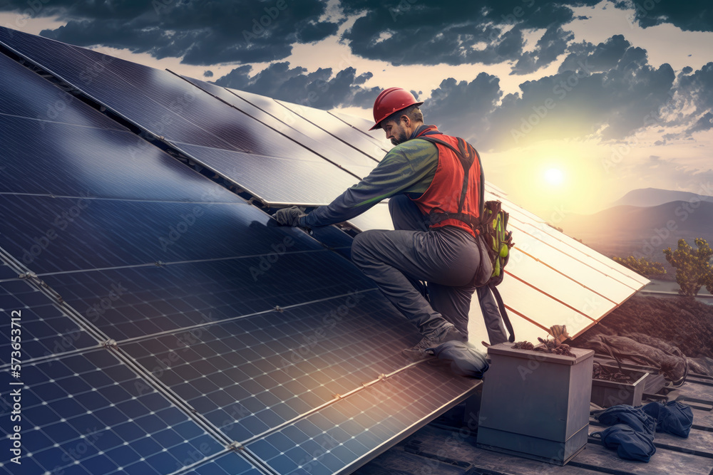 Generative AI illustration of a Solar panel installer installing solar ...
