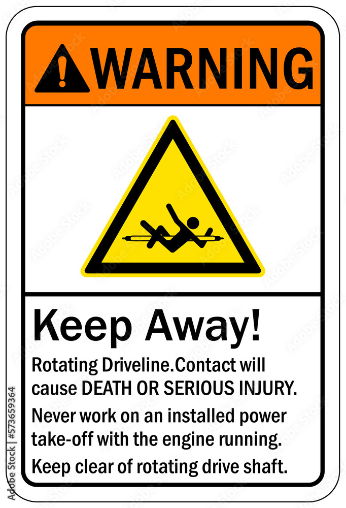 Overhead crane hazard sign and labels Keep away. Rotating driveline wll ...