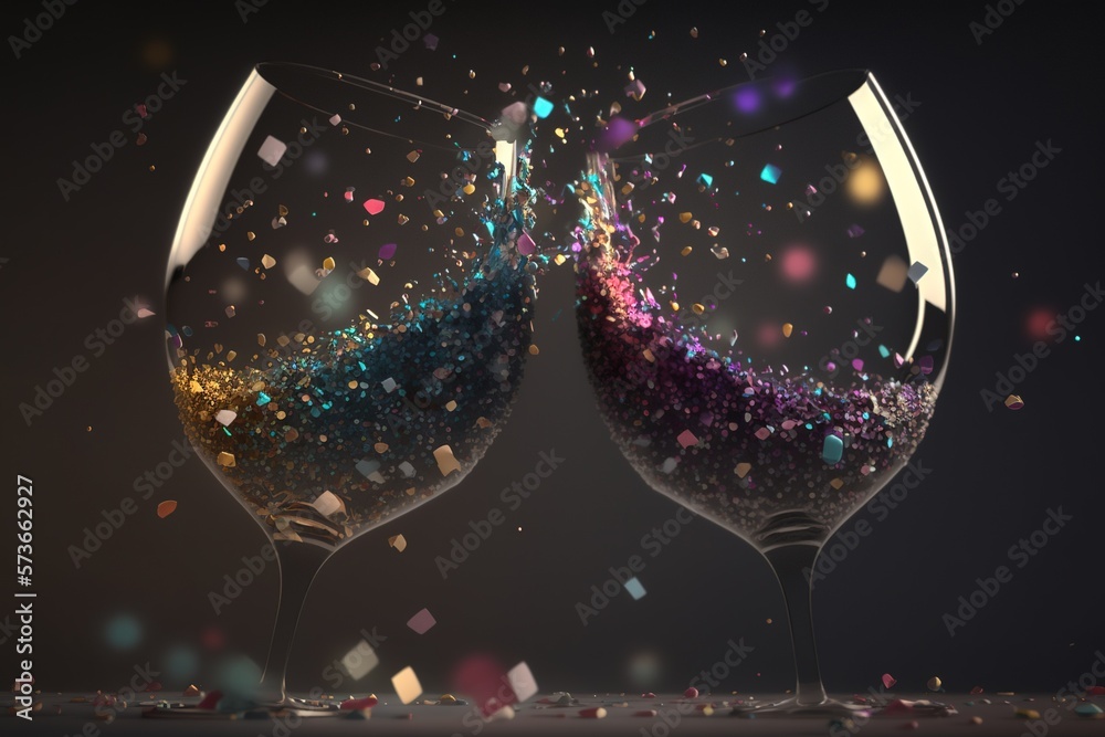Clinking wine glasses full of particles and confetti created with ...