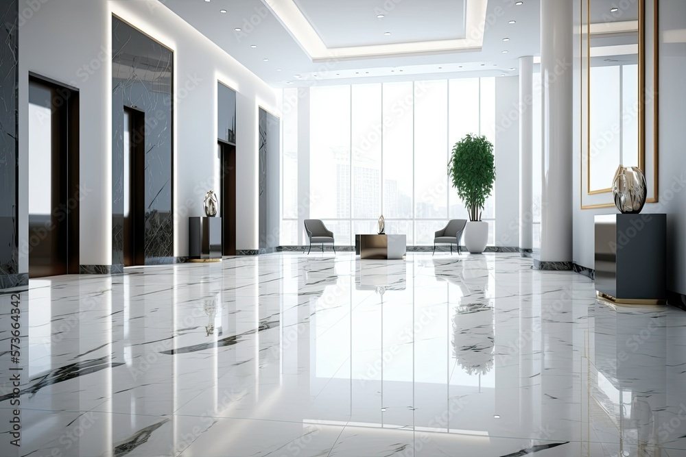 Lobby of a high end hotel or office building decorated with marble ...