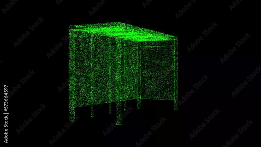 3d Bus Stop Rotates On Black Bg Object Dissolved Green Flickering Particles 60 Fps Business