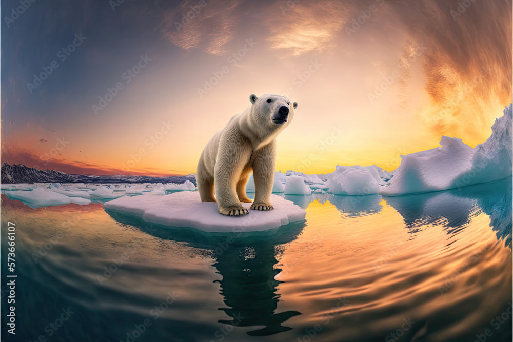 One polar bear on iceberg in ocean with floating icebergs on sunset ...