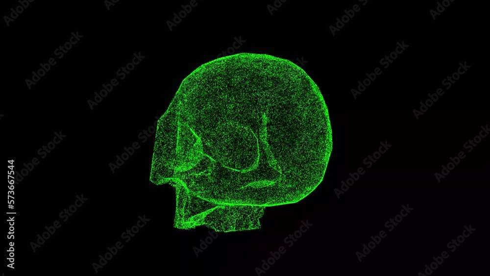 3D skull rotates on black bg. Object dissolved green flickering ...