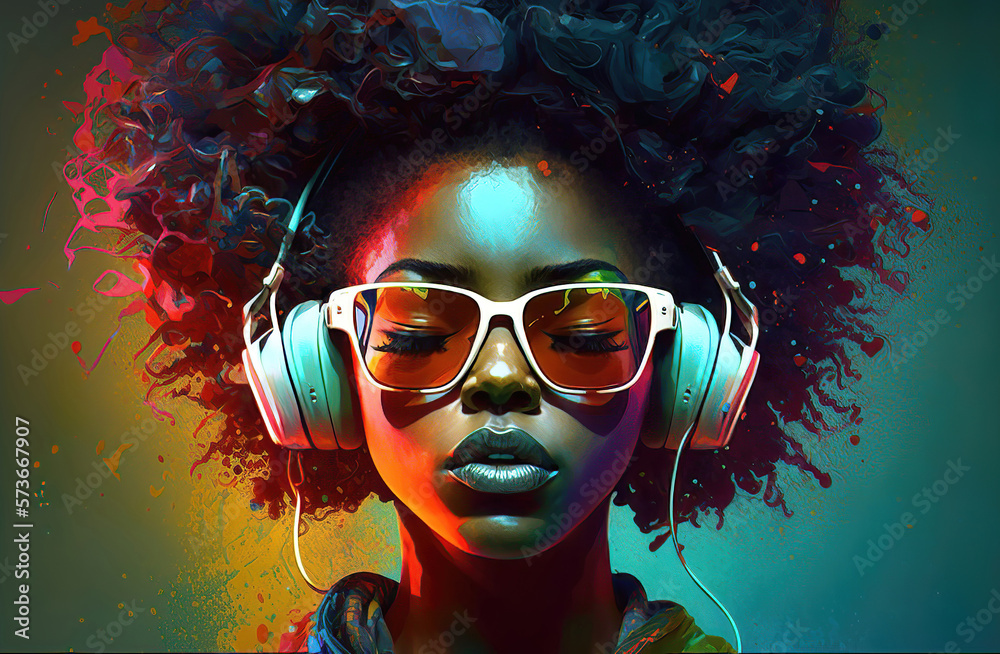 portrait of a beautiful african american woman with headphones and afro ...