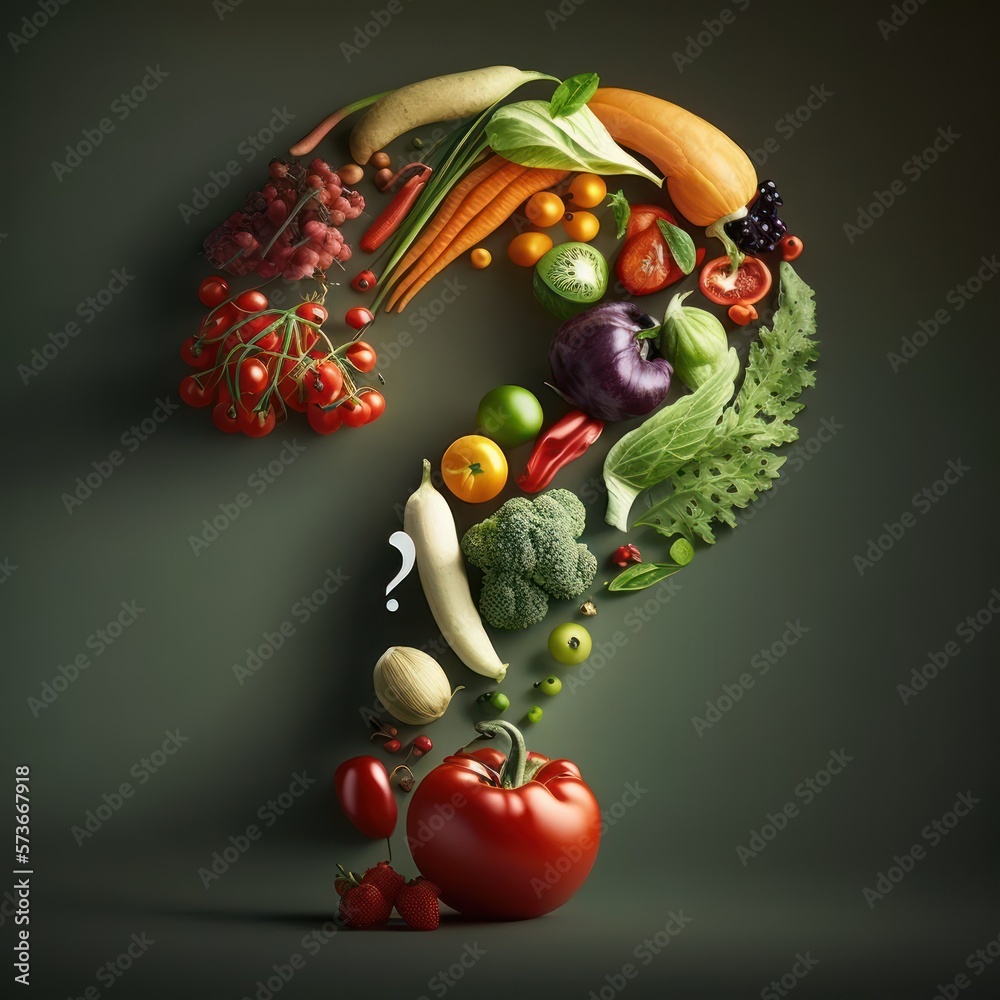 Question mark symbol from vegetables and fruits, generative ai Stock ...