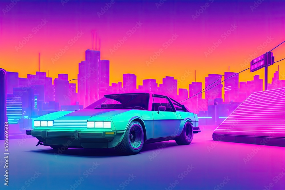 80s retro futuristic drive, vintage car. Synthwave sci-fi landscape ...