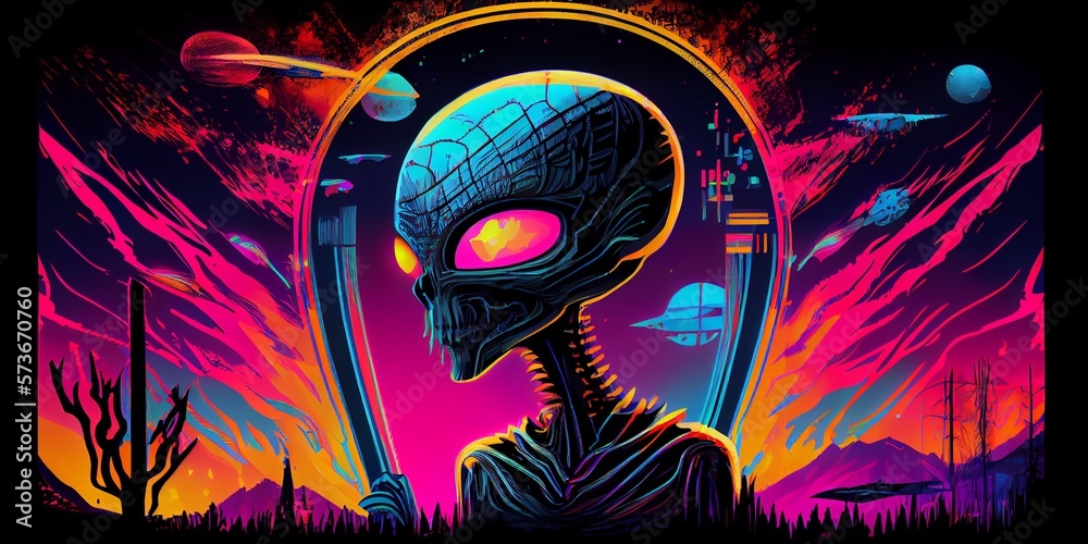 Psychedelic trippy alien cartoon 70s, rave style, acid color. Retrowave ...