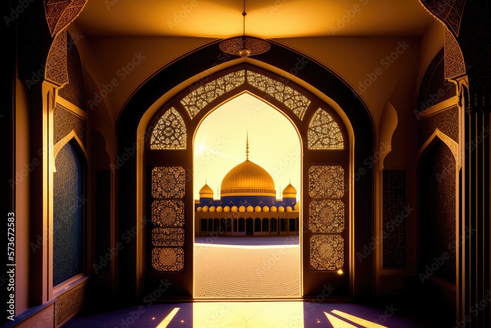 Islamic background painting. Mosque and shadows. Light rays from mosque ...