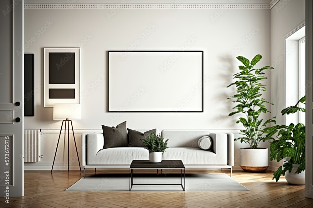 Mockup of wall poster frame on the living room, with modern ...