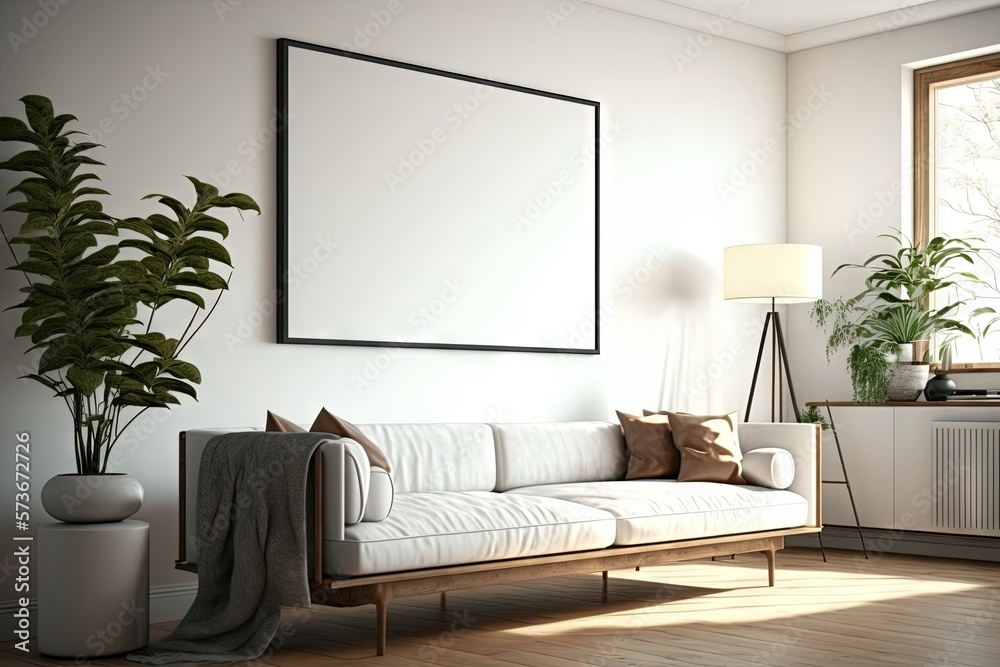 Mockup of wall poster frame on the living room, with modern ...