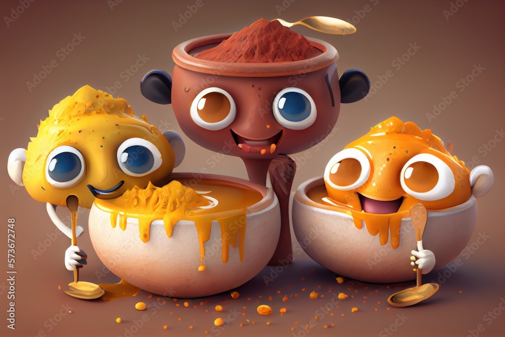 Cute Cartoon Curry Characters 3D Illustration. Created with Generative ...
