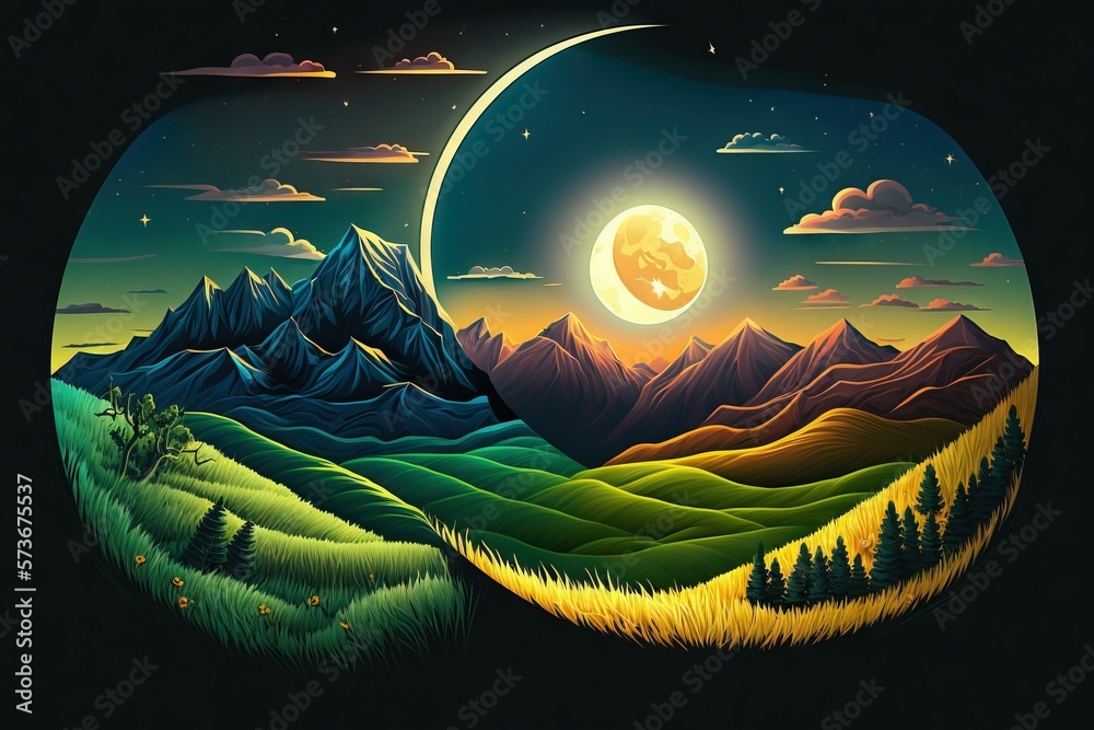 Concept of spring equinox. Day and night, sun and moon meeting together ...