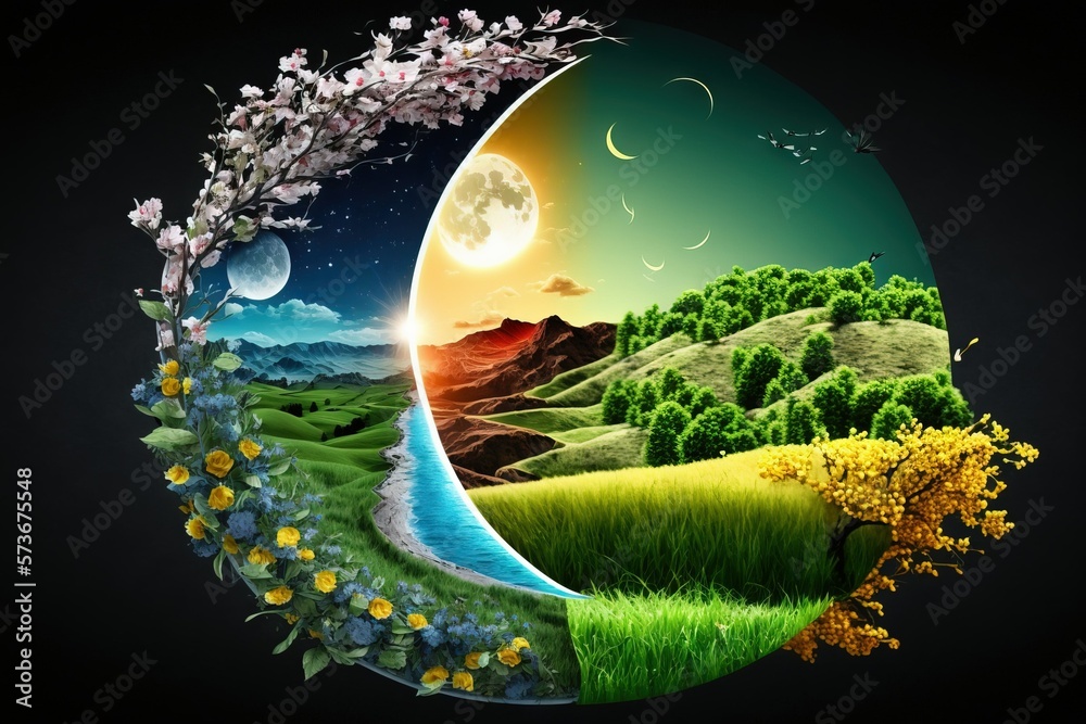 Concept of spring equinox. Day and night, sun and moon meeting together ...