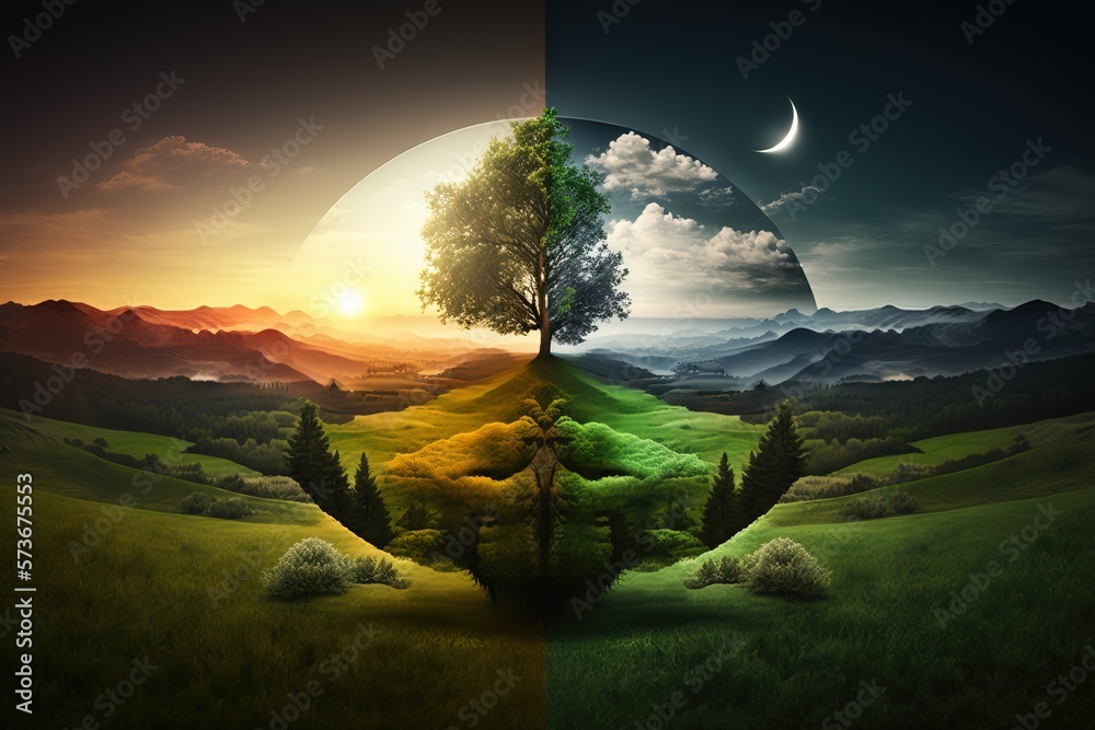 Concept of spring equinox. Day and night, sun and moon meeting together ...